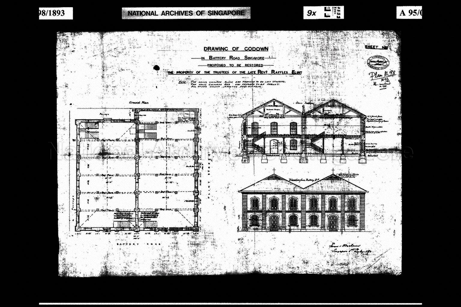 GODOWN, GROUND PLAN, CROSS SECTION AND ELEVATION FROM