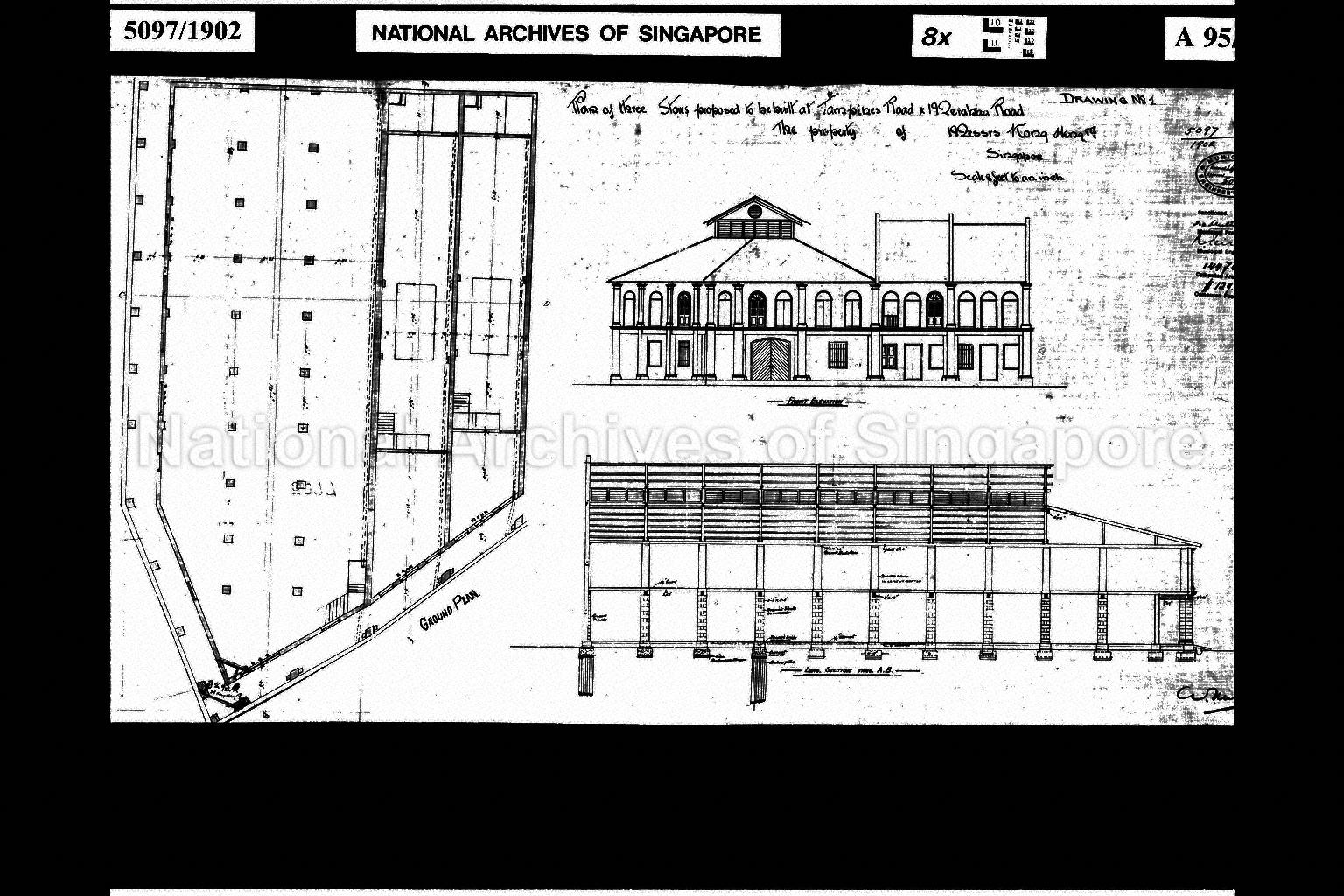 3 STORES - GROUND PLAN, ELEVATION AND SECTION