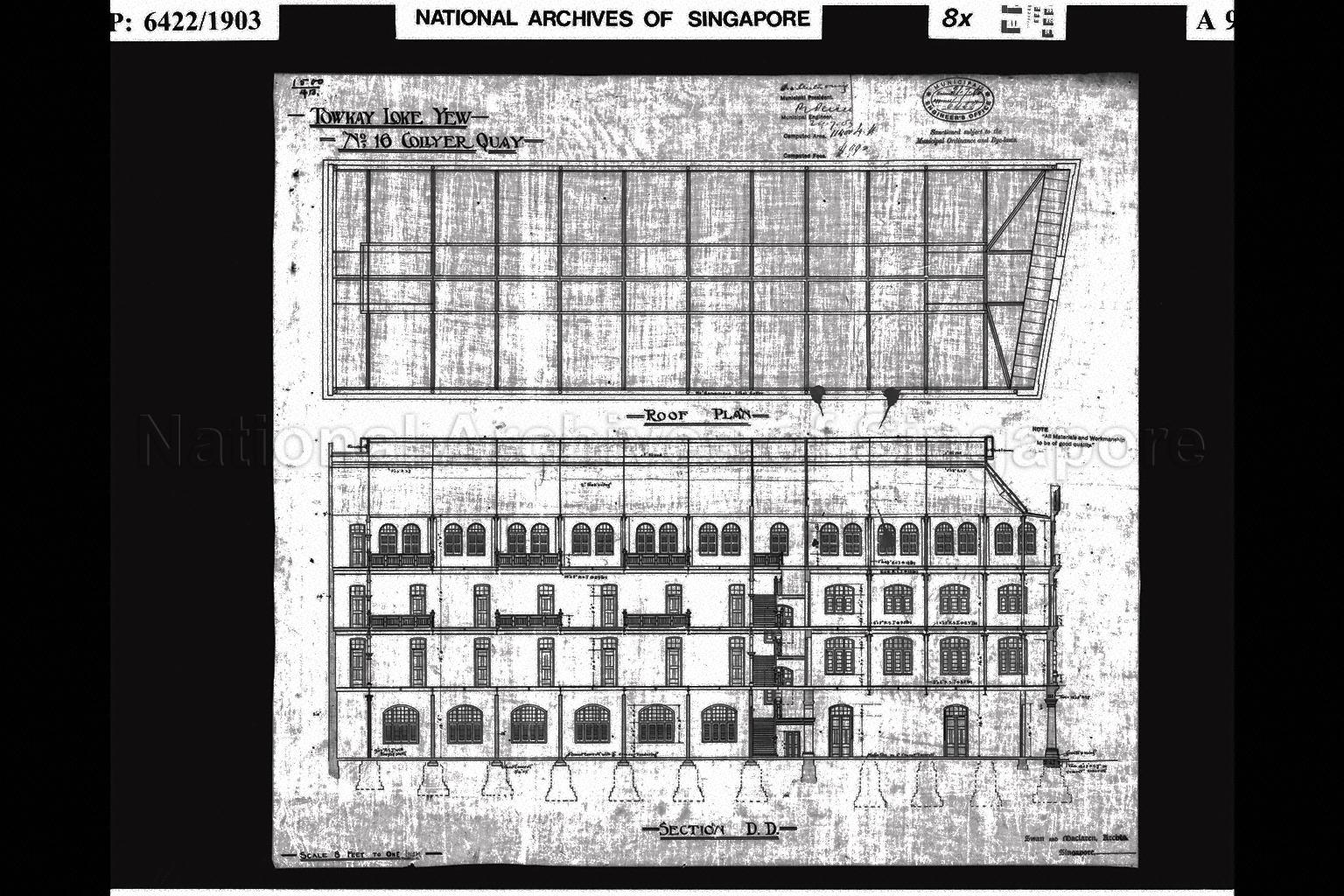BUILDING AT 16 COLLYER QUAY (ROOF PLAN AND SECTION DD)