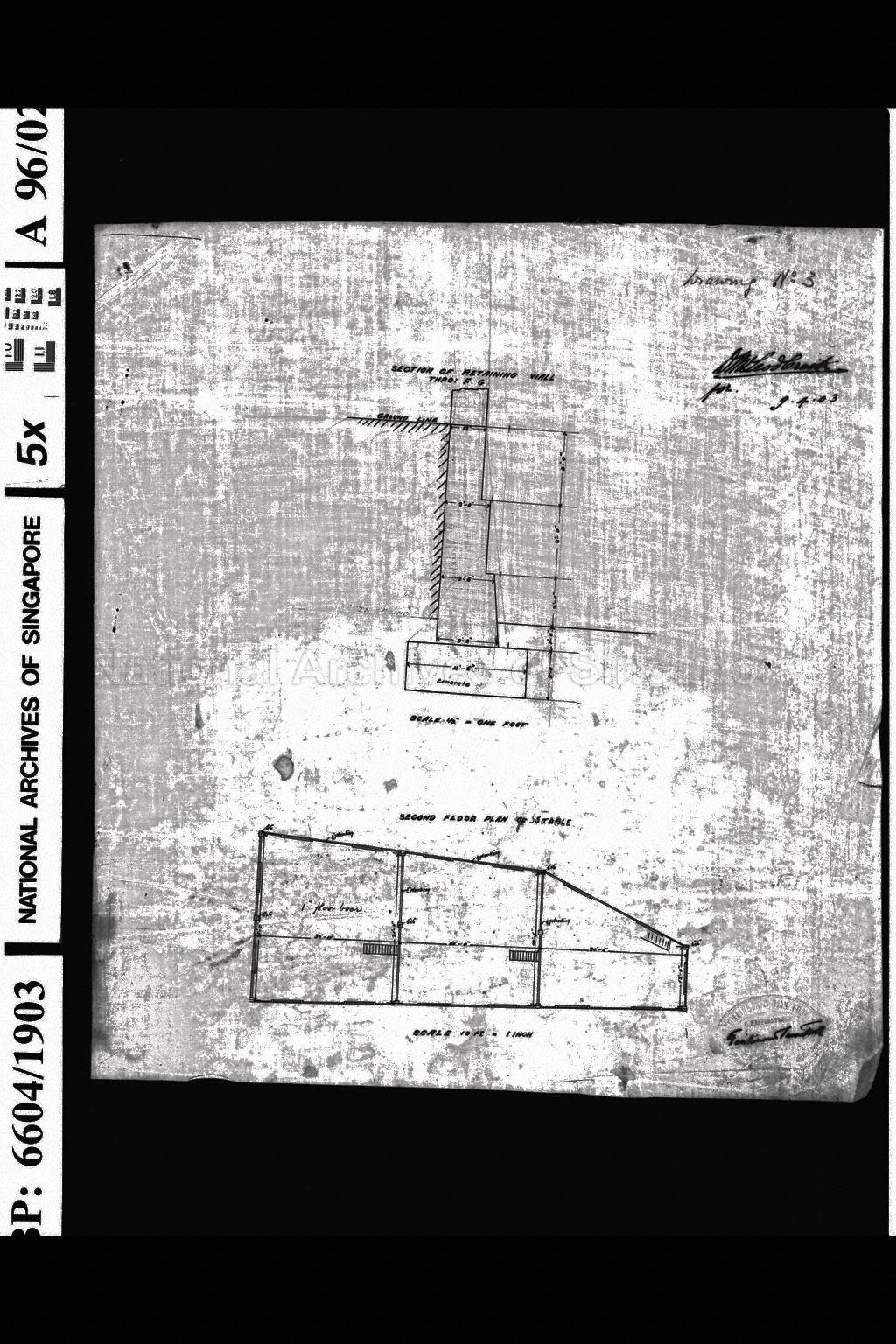 SECTION OF RETAINING WALL AND SECOND FLOOR PLAN OF STABLE