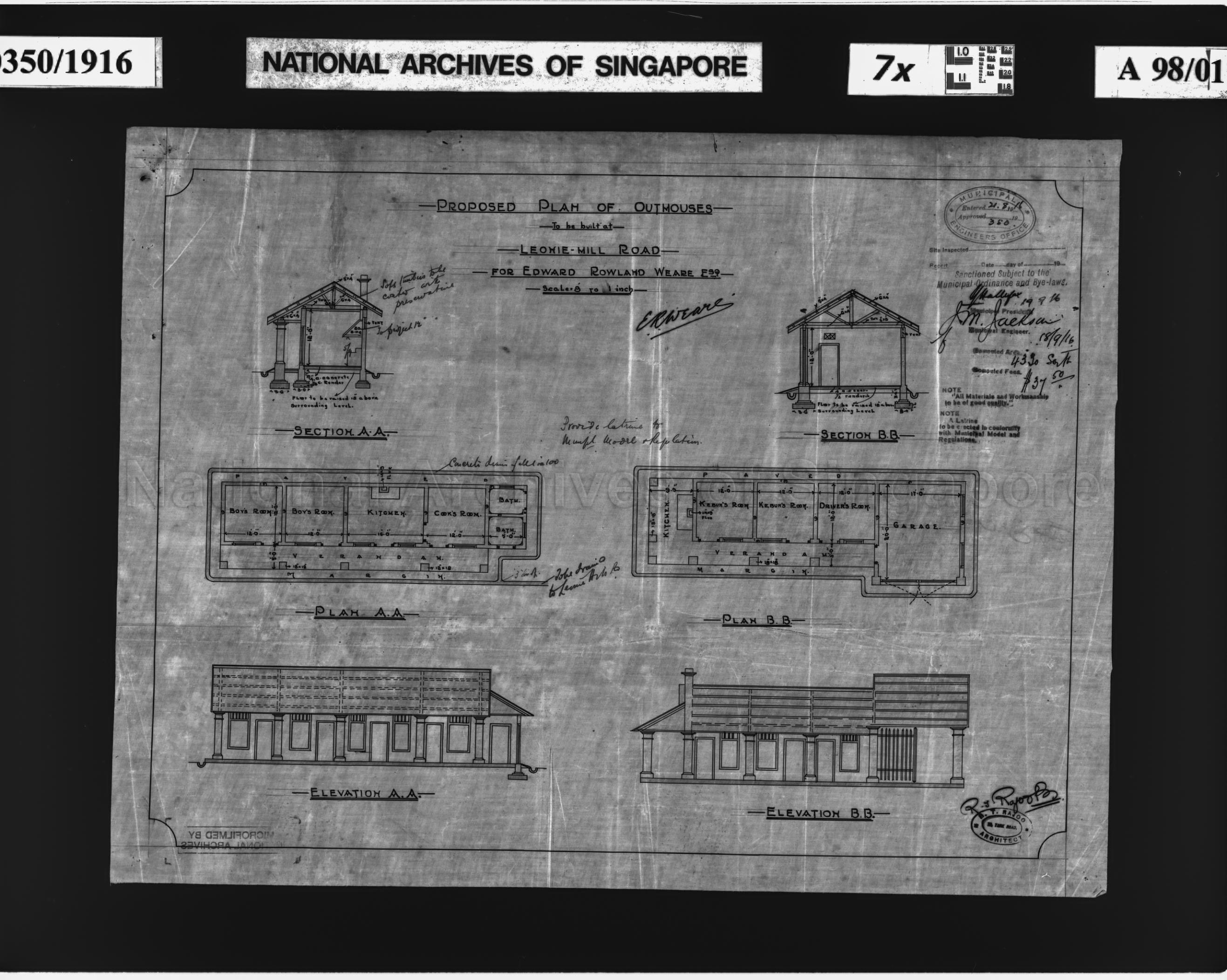 OUTHOUSES (SECTION AA, PLAN AA, ELEVATION AA, SECTION BB,