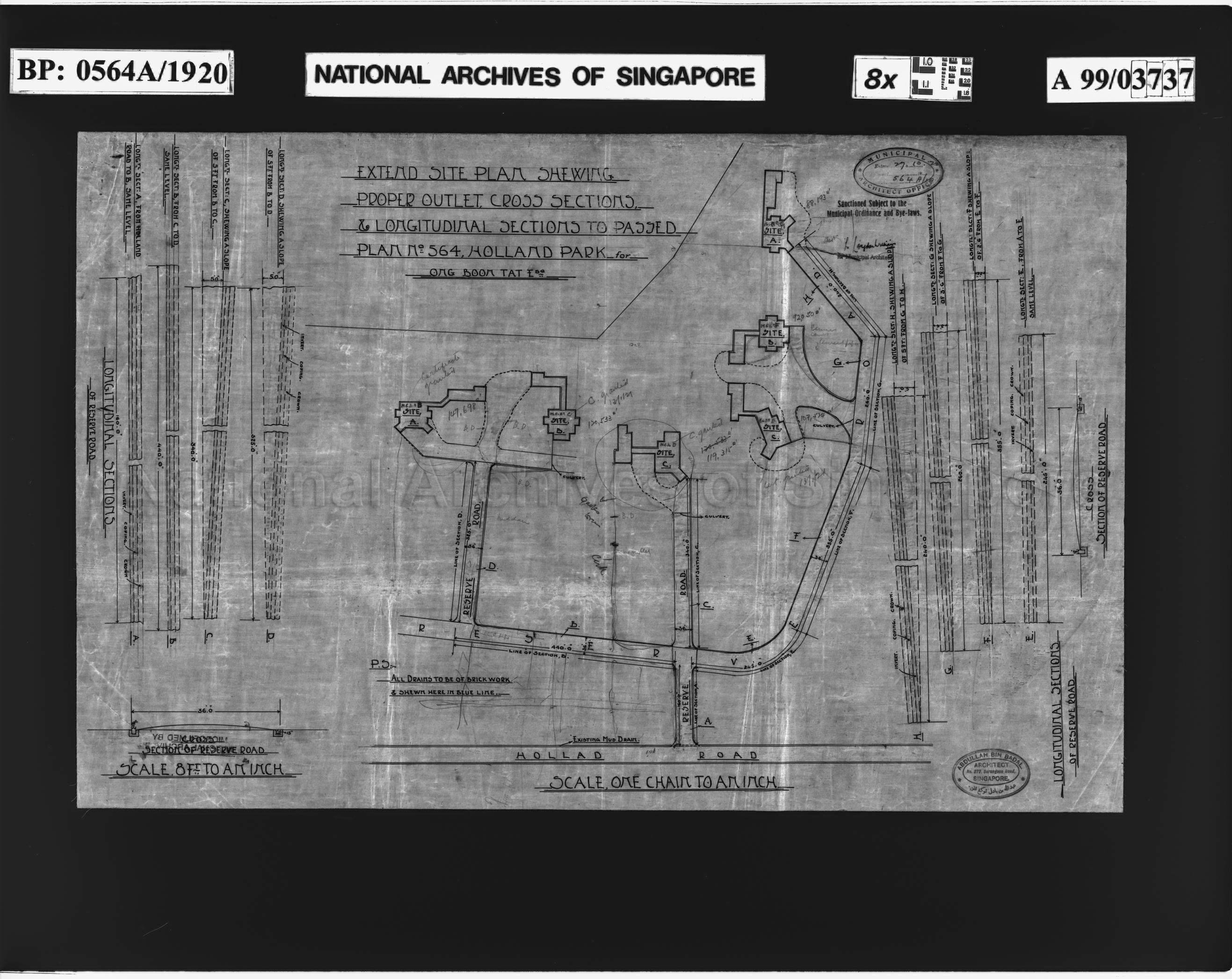 EXTENDED SITE PLAN SHOWING PROPER OUTLET, CROSS SECTIONS AND