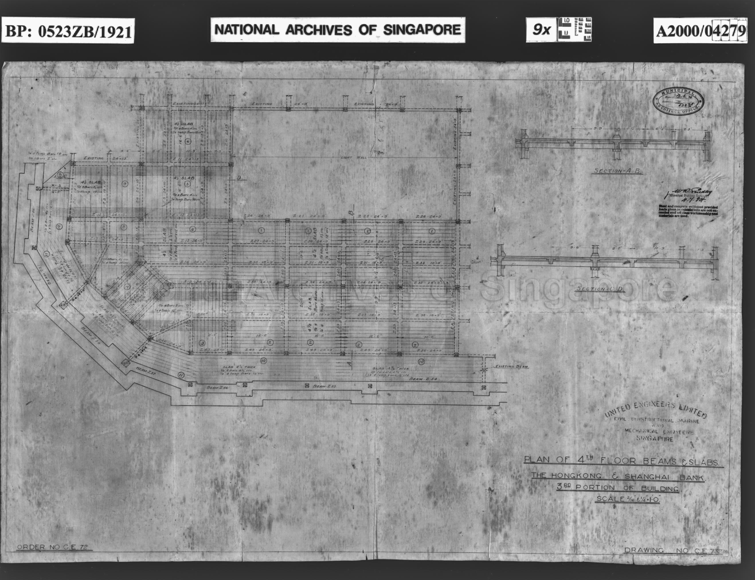 PLAN OF FOURTH FLOOR BEAMS AND SLABS (DRAWING NO.732-M1)