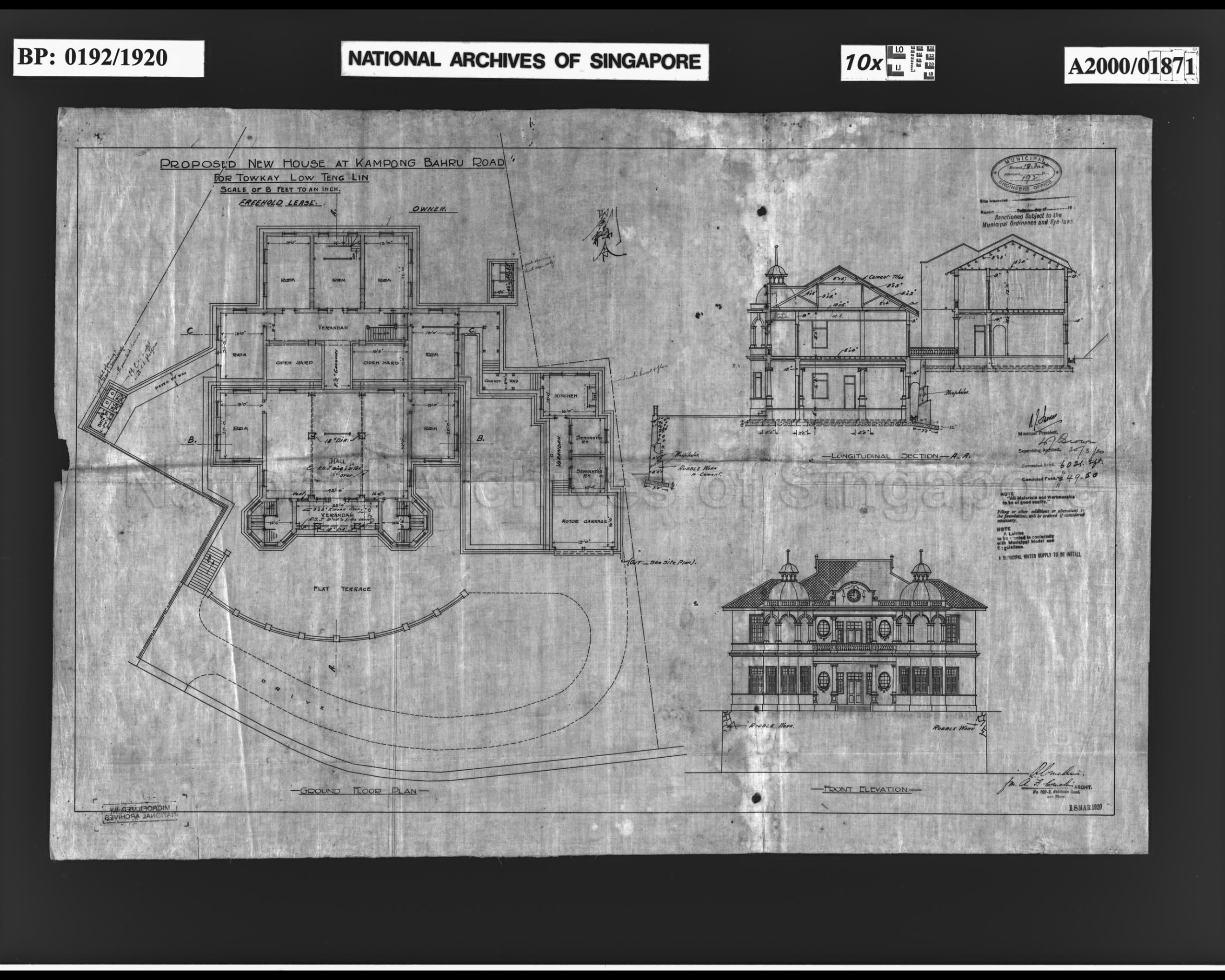 HOUSE - GROUND FLOOR PLAN, LONGITUDINAL SECTION, FRONT