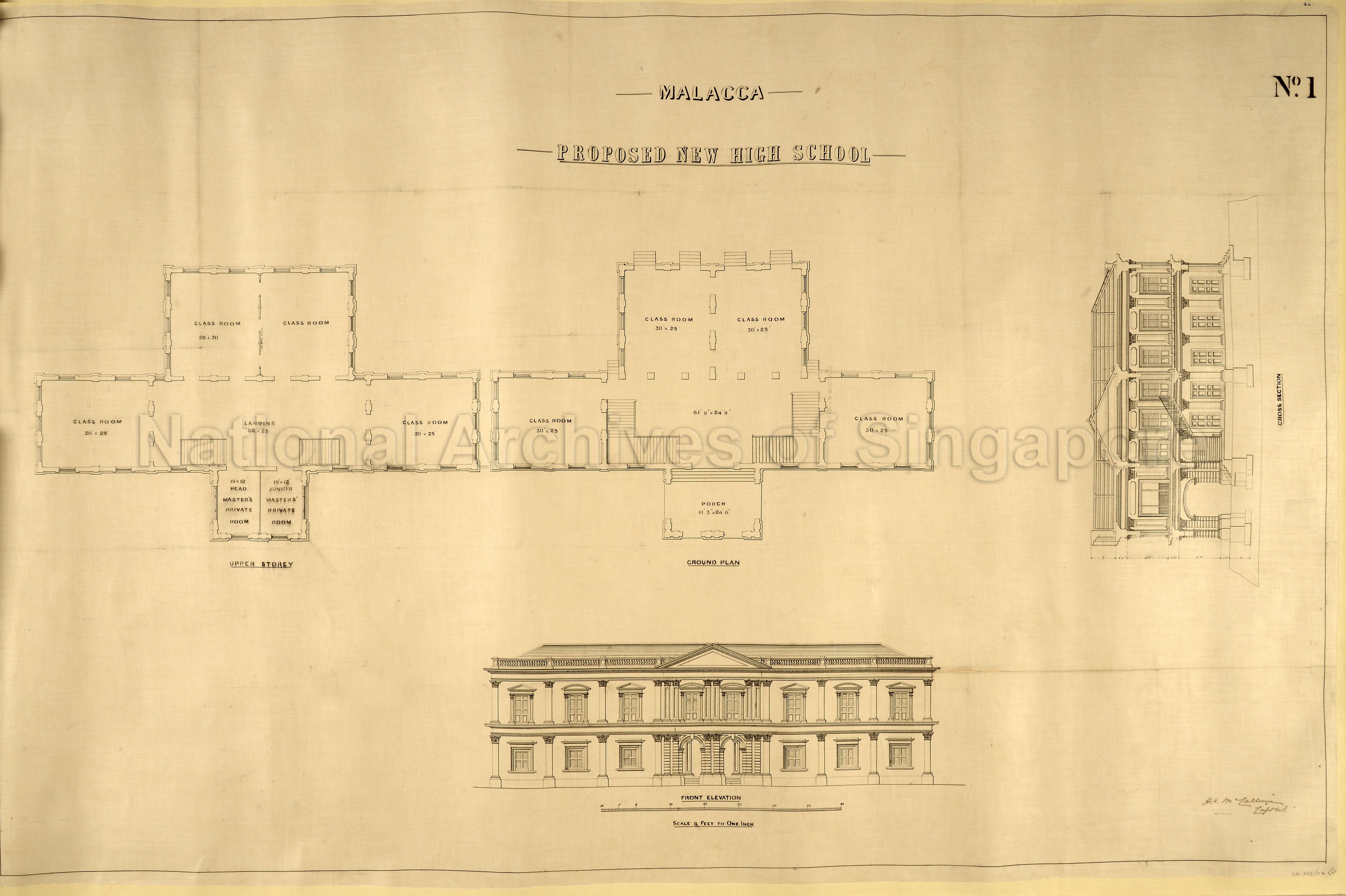 New High School, Malacca: plans, elevation and section