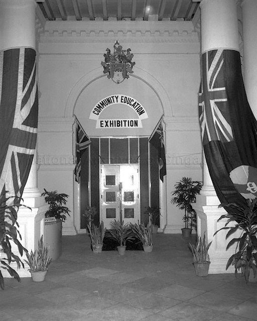 View of exhibits at Community Education Exhibition opened by