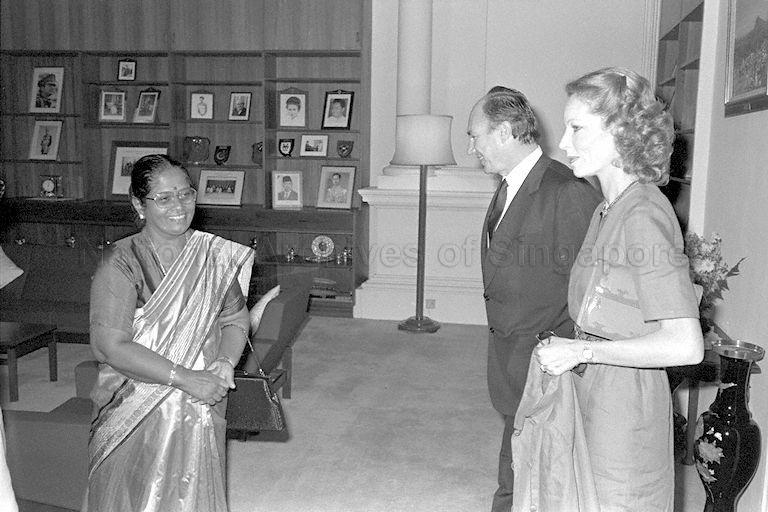 Mrs C V Devan Nair greeting His Highness Prince Karim Aga