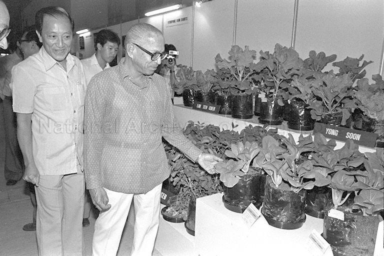 President C V Devan Nair viewing an exhibit of homegrown