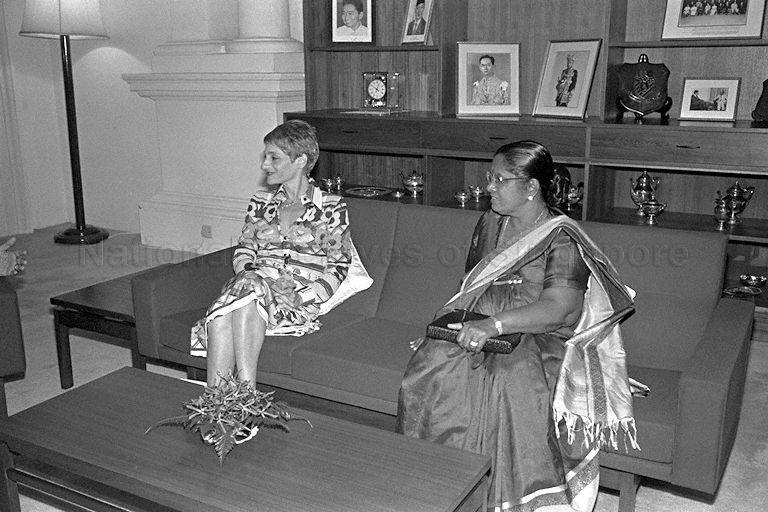 First Lady Mrs Devan Nair with Mrs Esther Eshkol, who is