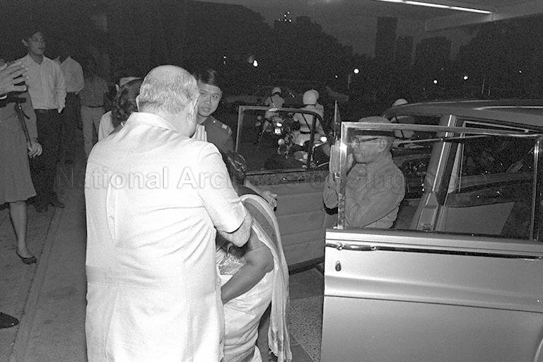 President C V Devan Nair arriving at National Theatre to