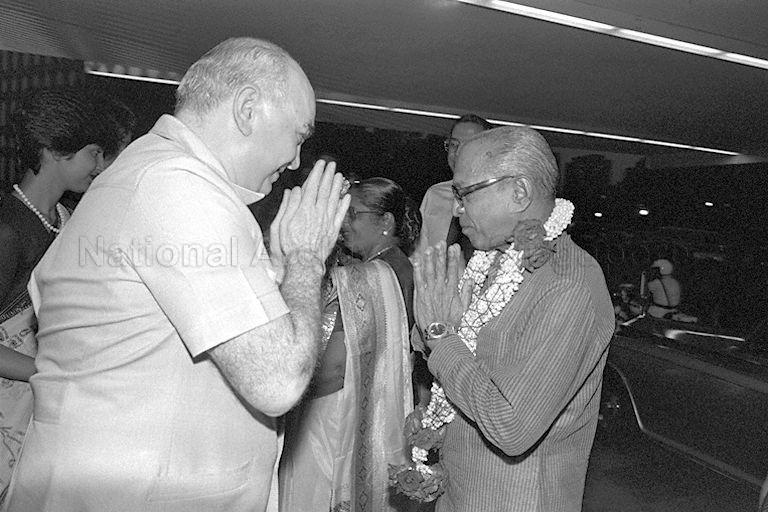 President and Mrs C V Devan Nair receiving greeting in Hindu
