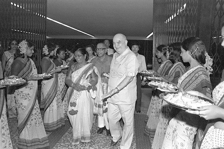 President and Mrs C V Devan Nair arriving at National