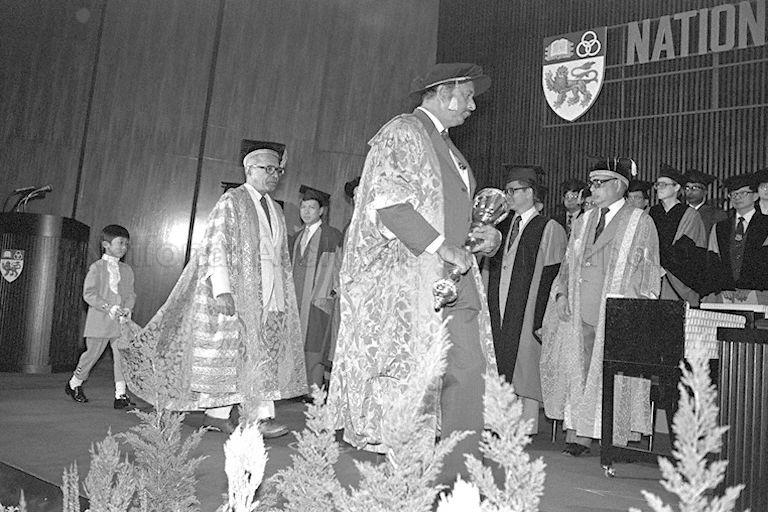 President Devan Nair arriving on stage to preside at the