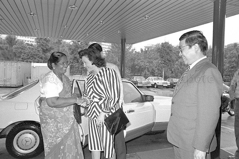 First Lady Mrs C V Devan Nair (left) arriving for Chesire