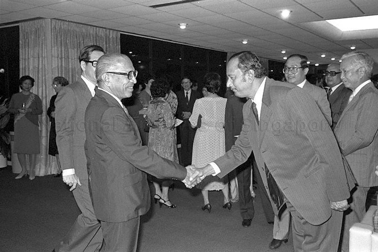 President Devan Nair being greeted upon arrival for the