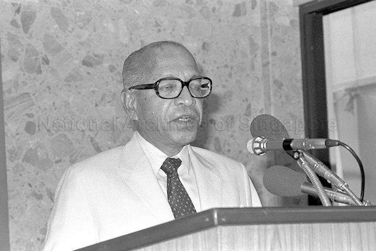 Close-up view of President C V Devan Nair speaking at