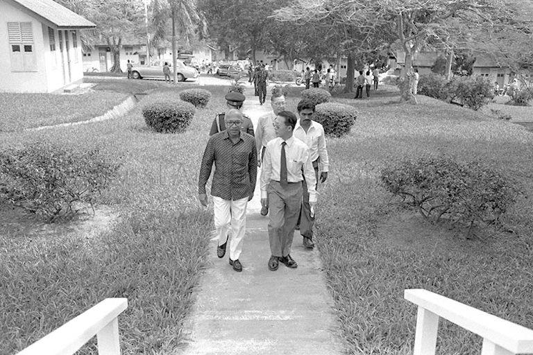 President C V Devan Nair arriving at Trafalgar Hospital to