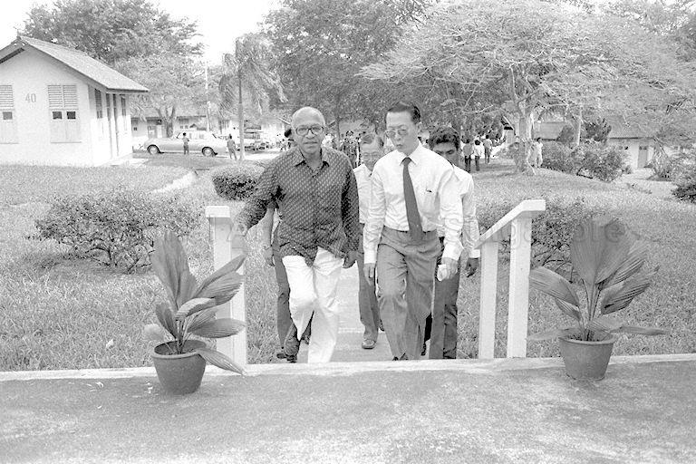 President C V Devan Nair arriving at Trafalgar Hospital to