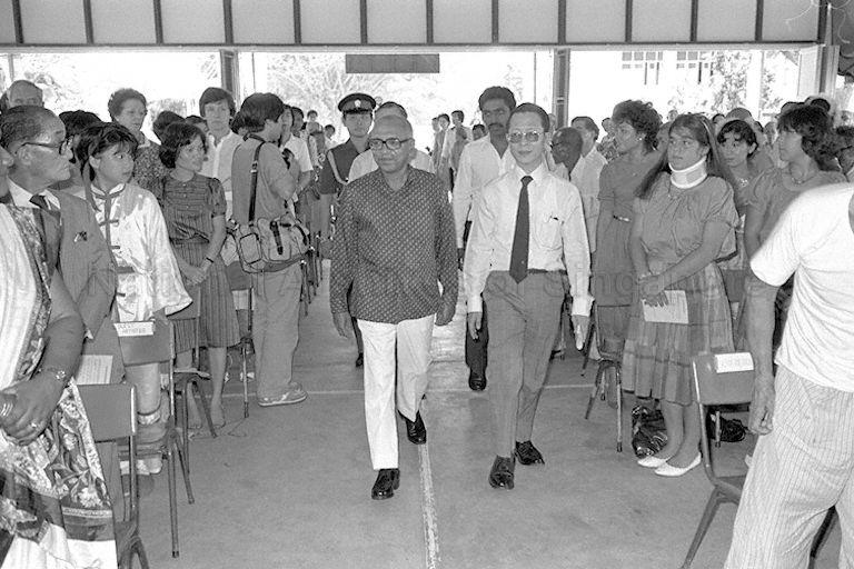 President C V Devan Nair arriving at community hall of