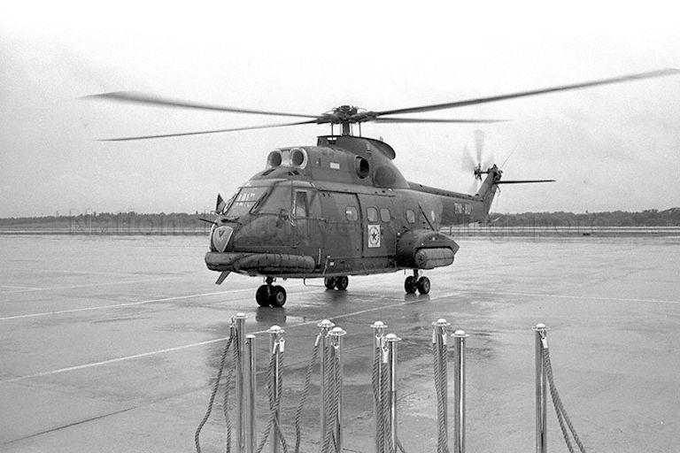 The arrival of the puma helicopter at Changi Airport