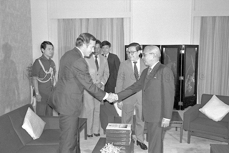 President C V Devan Nair greeting Head of Singapore