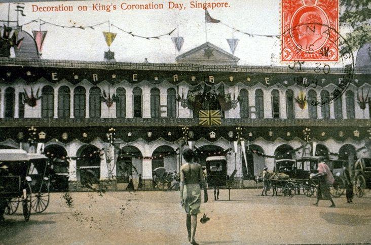 View of building decorated to celebrate coronation of King