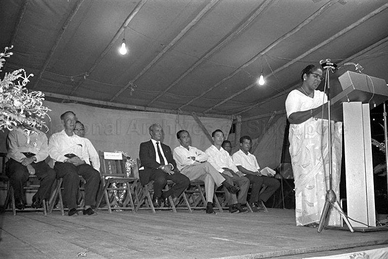 Moulmein Member of Parliament Mrs C V Devan Nair giving a