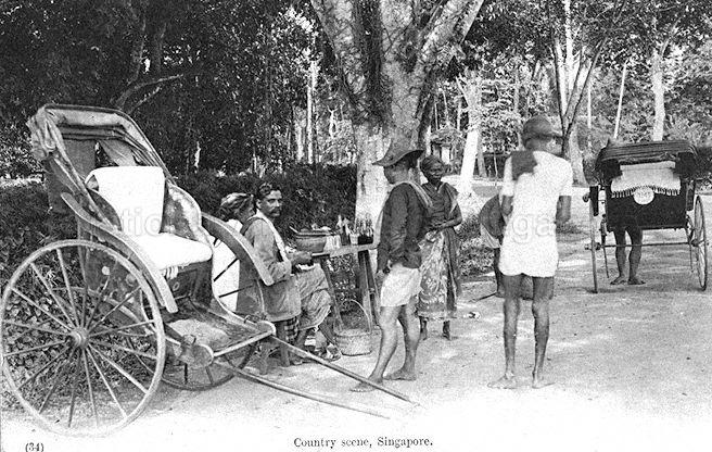 OLD SCENE OF RICKSHAW PULLER AT A ROADSIDE STALL