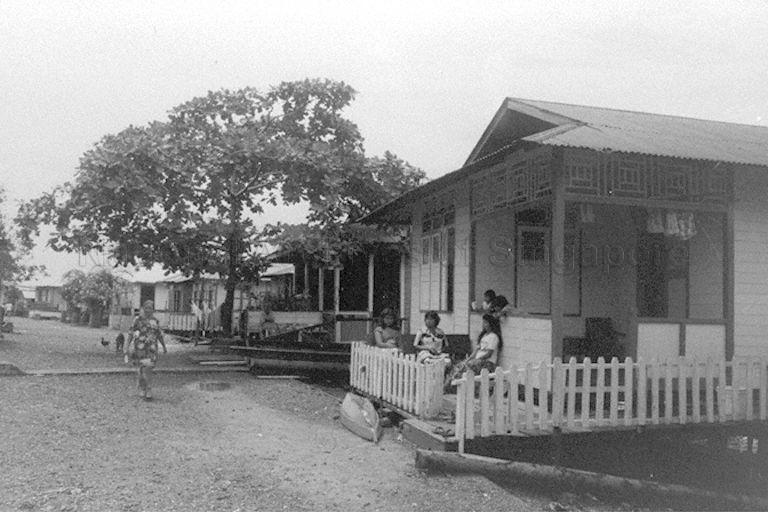 Women and children outside a Malay kampong house at Pulau