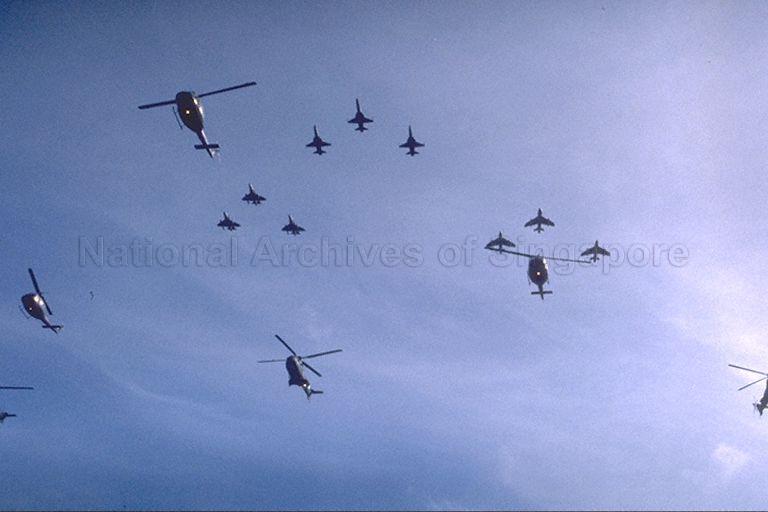 Flypast of fighter aircraft and helicopters during military