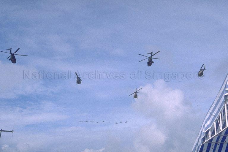 Flypast of fighter aircraft and helicopters during military