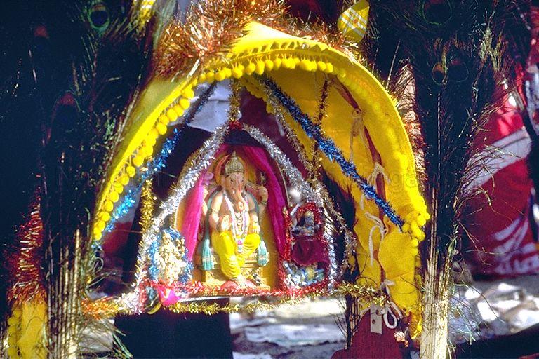 Closeup of kavadi worn by devotee during Thaipusam festival