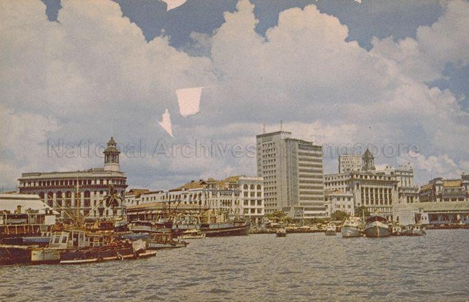 View of Collyer Quay and Clifford Pier (right) from the sea