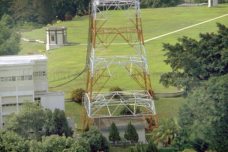 A VIEW OF THE BASE OF A RADAR TOWER
