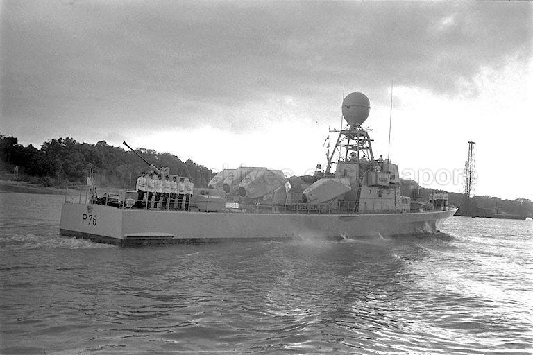View of missile gunboat RSS Sea Wolf leading steam-past at