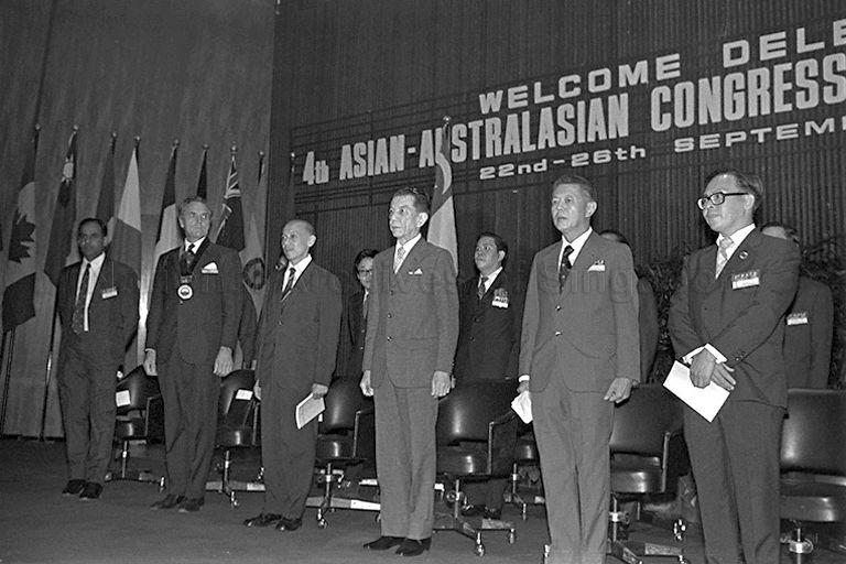 President Dr Benjamin Henry Sheares with officials on stage