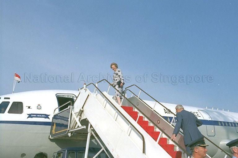 British Prime Minister Margaret Thatcher pausing to wave