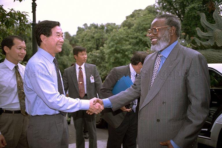 Namibian President Dr Sam Nujoma being greeted by Chairman