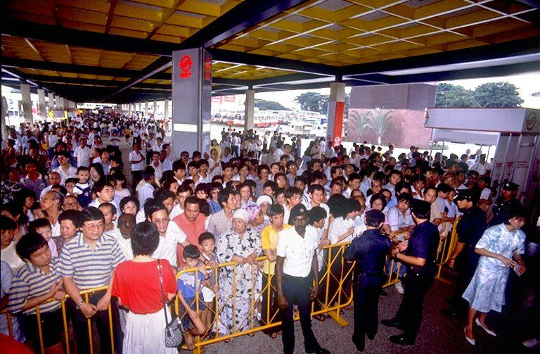 Commuters queueing up for the train ride during official