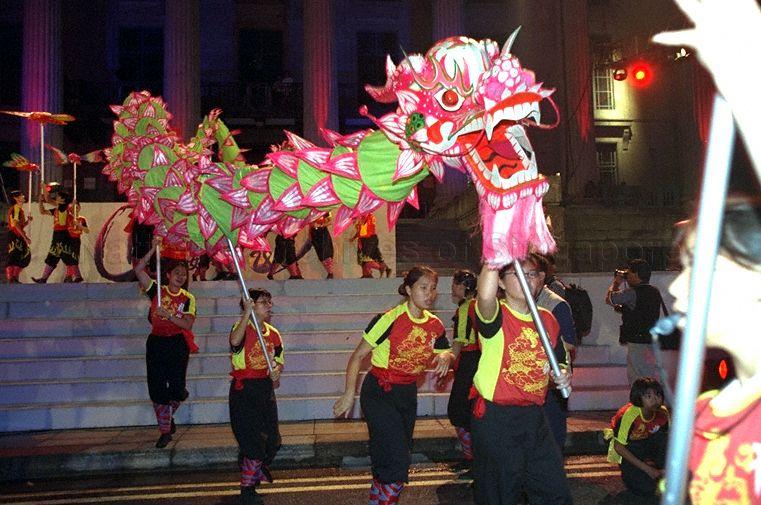 Dragon dance at 28th Chingay Parade rehearsal at City Hall