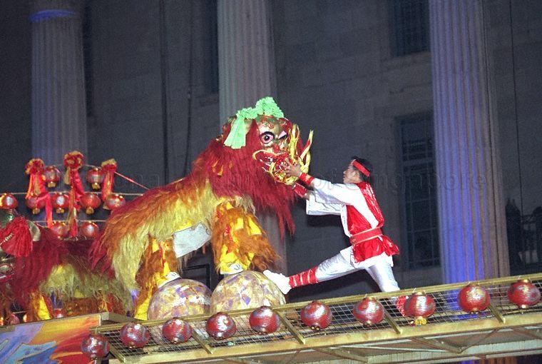 Lion dance at 28th Chingay Parade rehearsal at City Hall