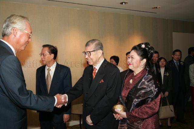 Senior Minister Goh Chok Tong being greeted by Chairman of