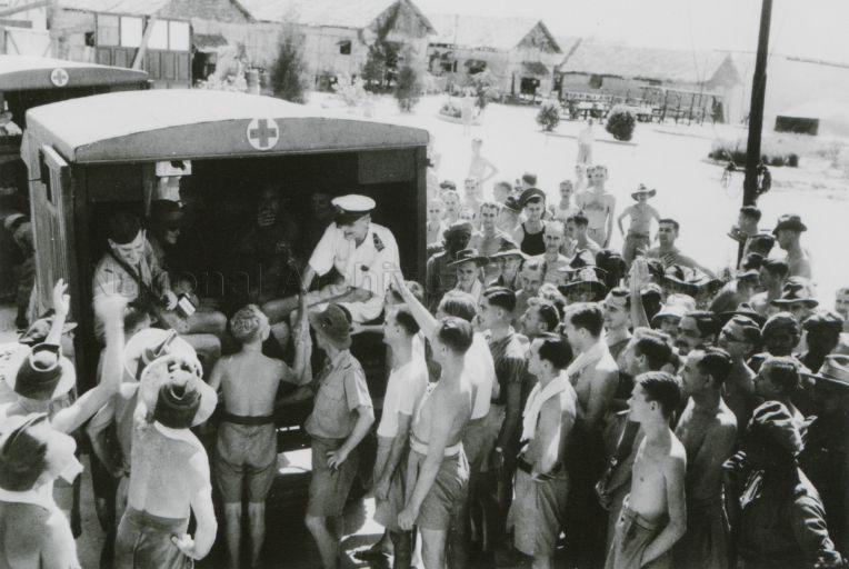 SINGAPORE. THE FIRST SICK POWS TO LEAVE CHANGI CAMP