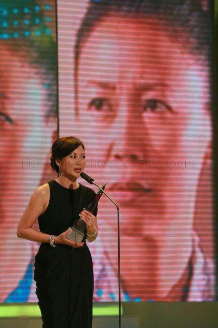 MediaCorp artiste Xiang Yun delivering speech after