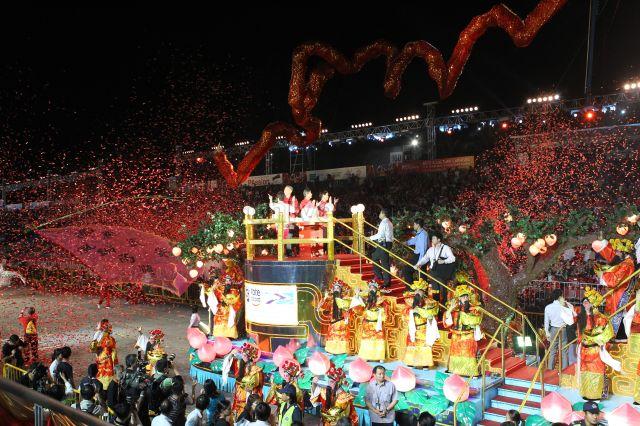 Burst of red confetti in the air at Chingay parade 2011 held