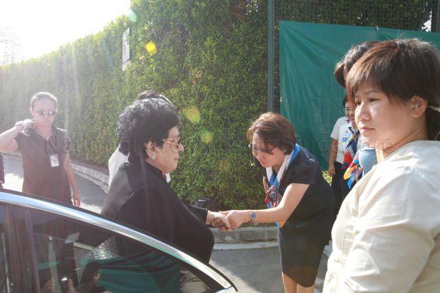 Mrs S R Nathan, wife of the President, being greeted upon