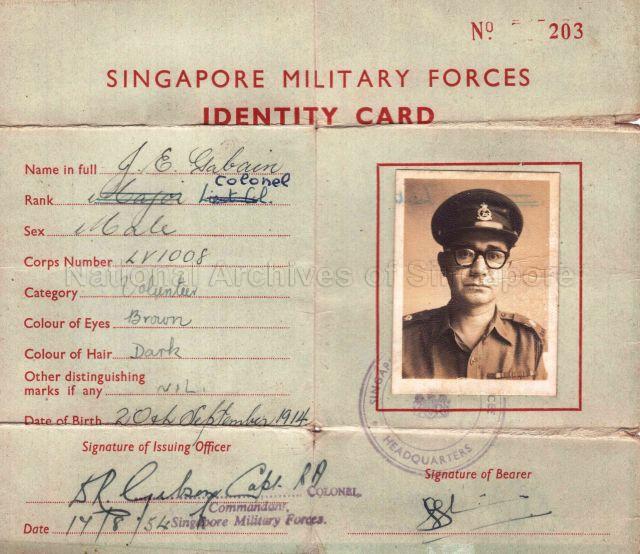 Singapore Military Forces identity card of Colonel J E