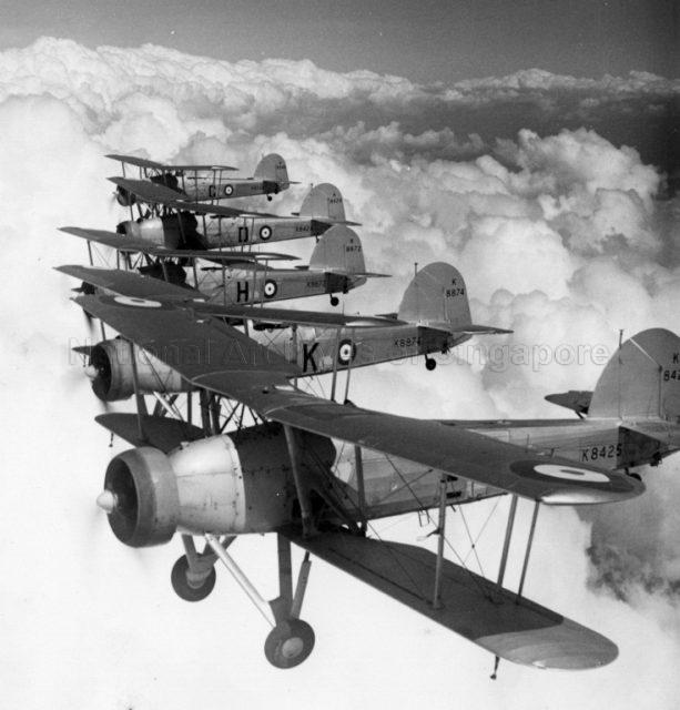 Photograph of a row of five Swordfish aircraft in flight