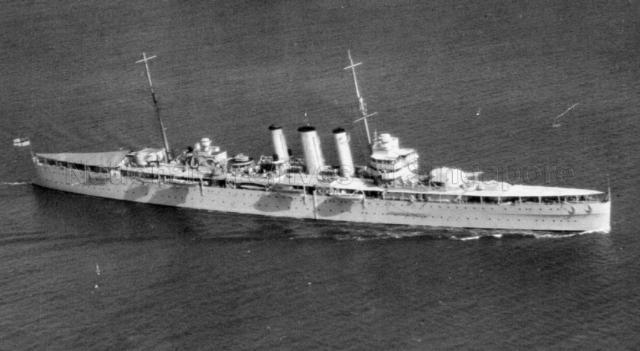 Aerial view of H.M.S. Devonshire, a Royal Navy ship, in