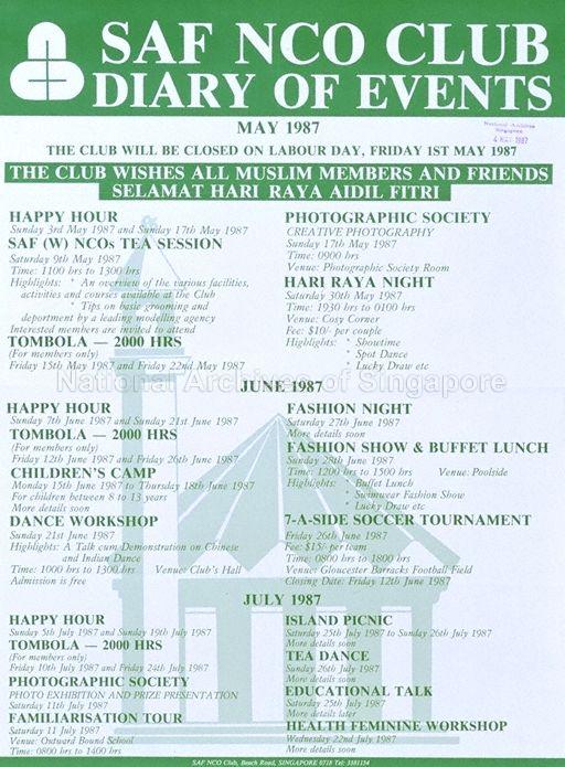 SAF NCO Club Diary Of Events (May, June, July 1987).